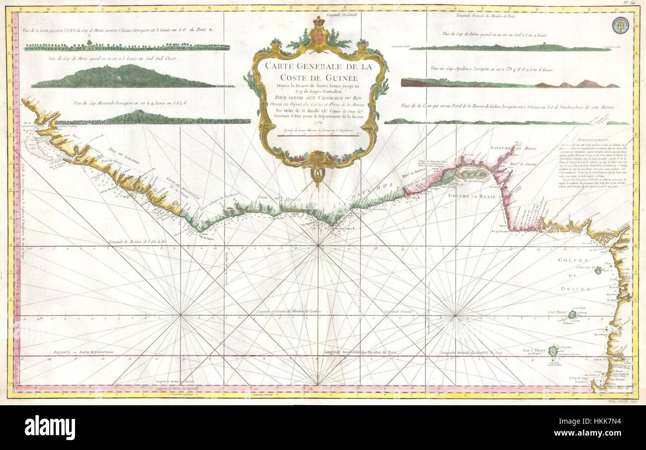 This 1765 Bonne map of West Africa shows the Gulf of Guinea and Benin ...