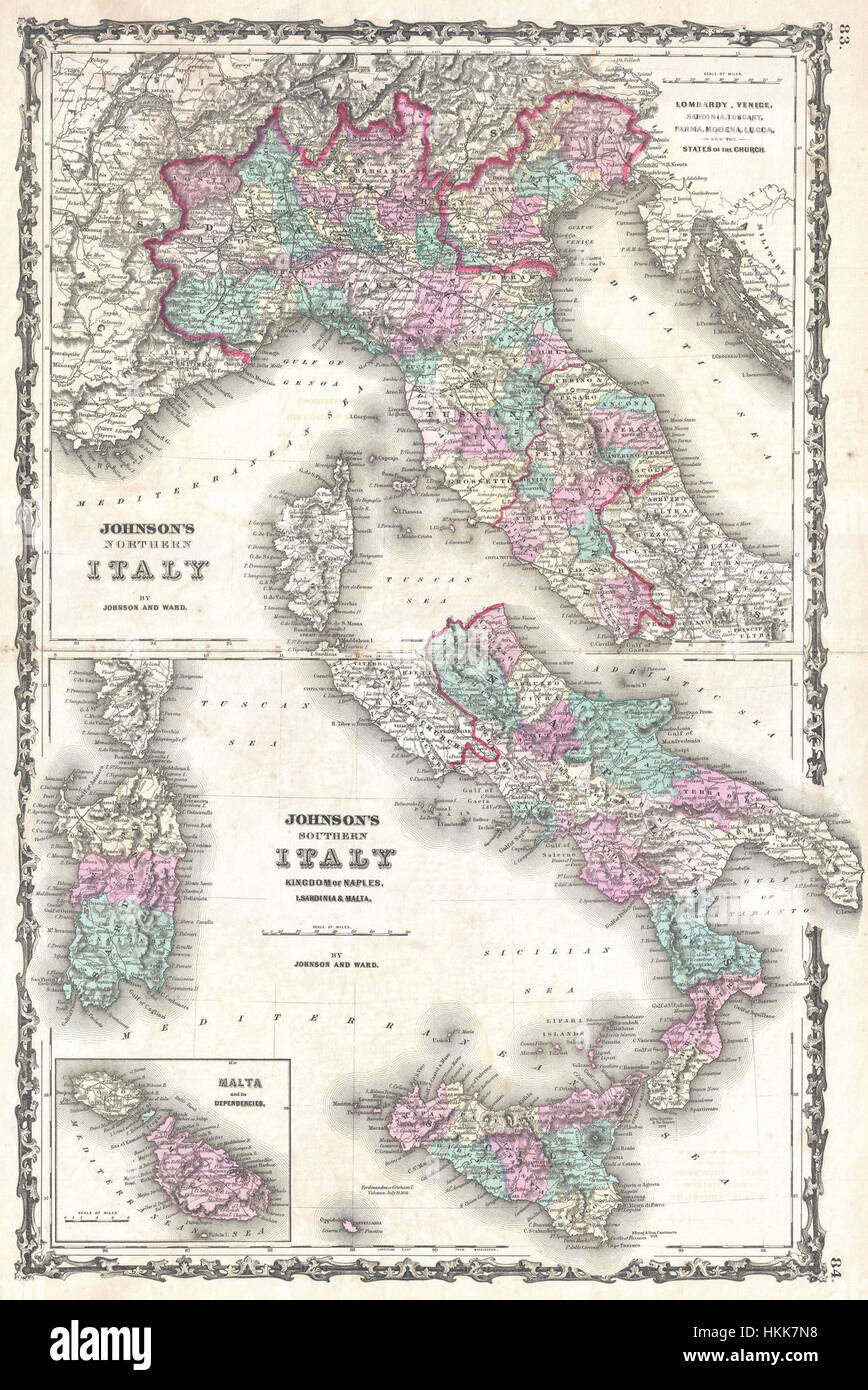 This 1862 map by Johnson & Ward offers a detailed view of Italy ...