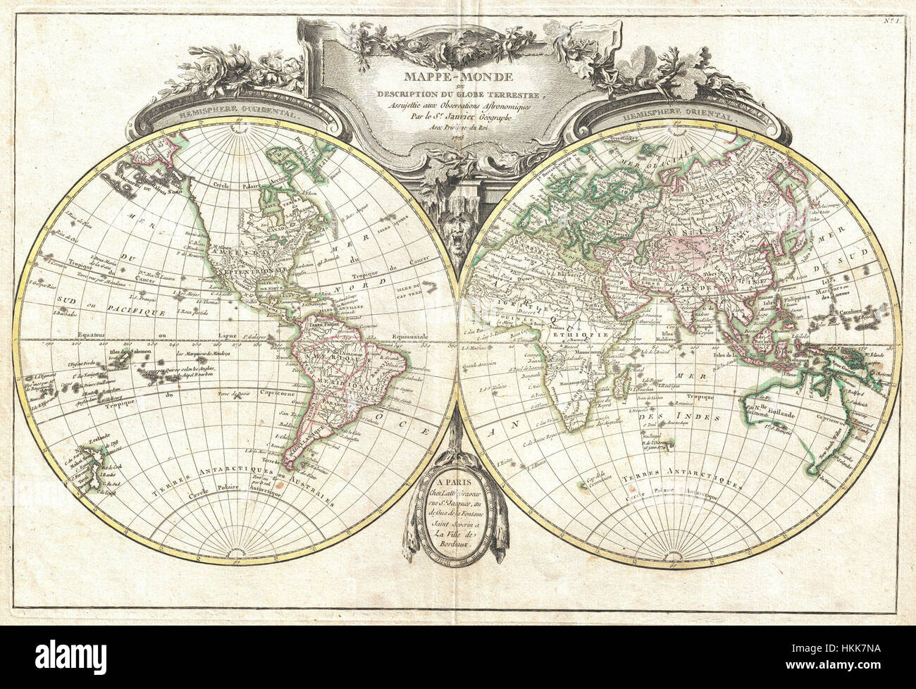 A map from 1775 by Lattre and Janvier featuring the world on a ...
