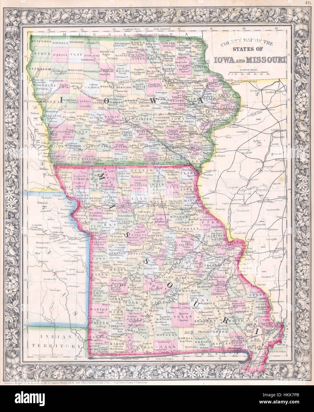 A historical 1864 map created by Mitchell, showing the states of Iowa ...