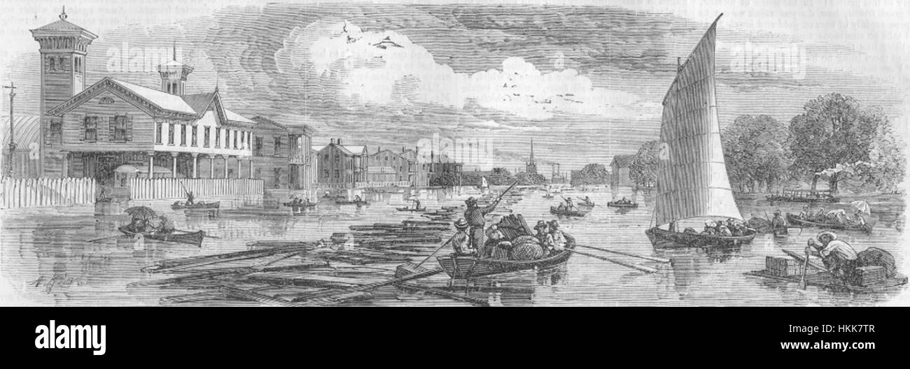 This painting captures a historical moment from the 1871 New Orleans flood, depicting the ...