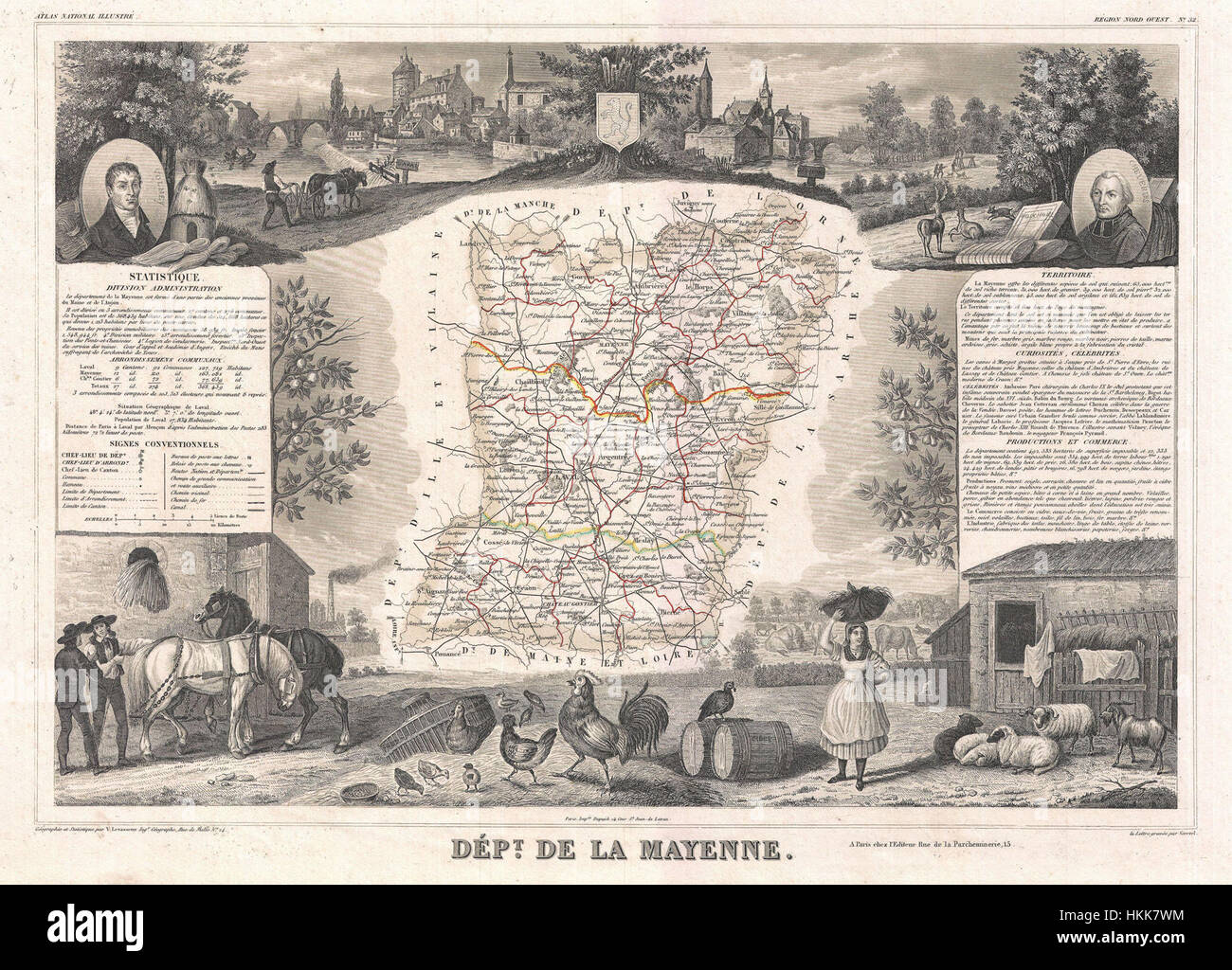 This 1852 map by Levasseur depicts the Department of Mayenne, France ...