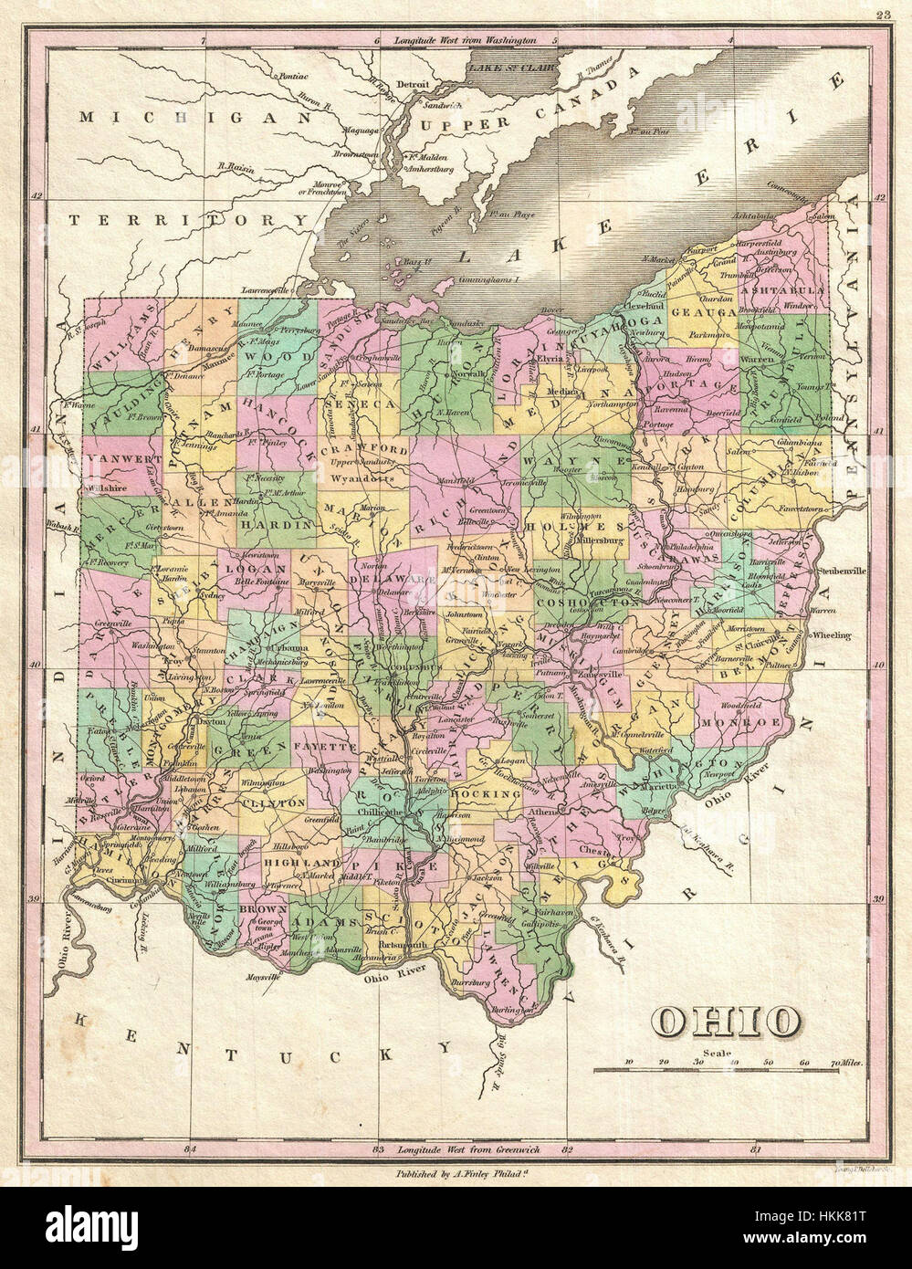 This 1827 map of Ohio, created by Finley, is a historical ...