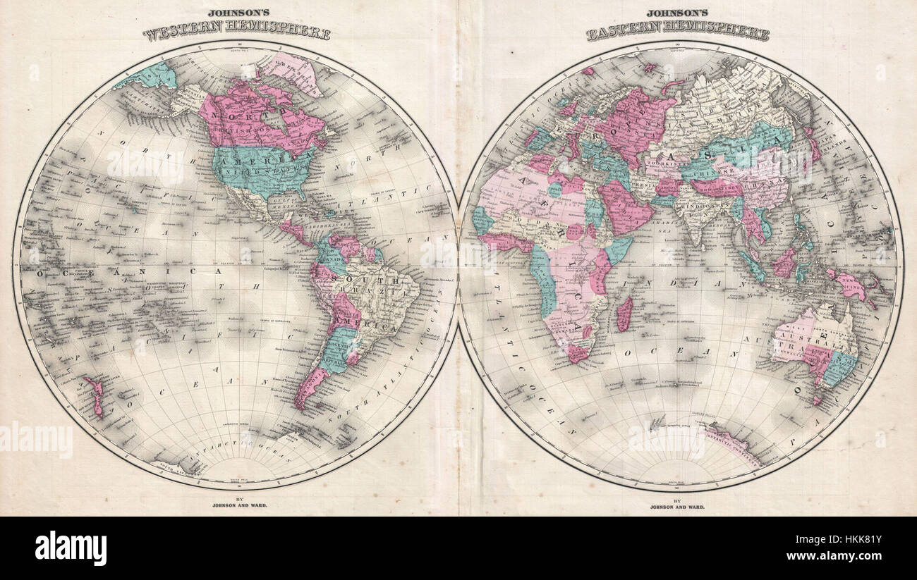 This 1866 map by *Johnson* provides a detailed depiction of the world ...