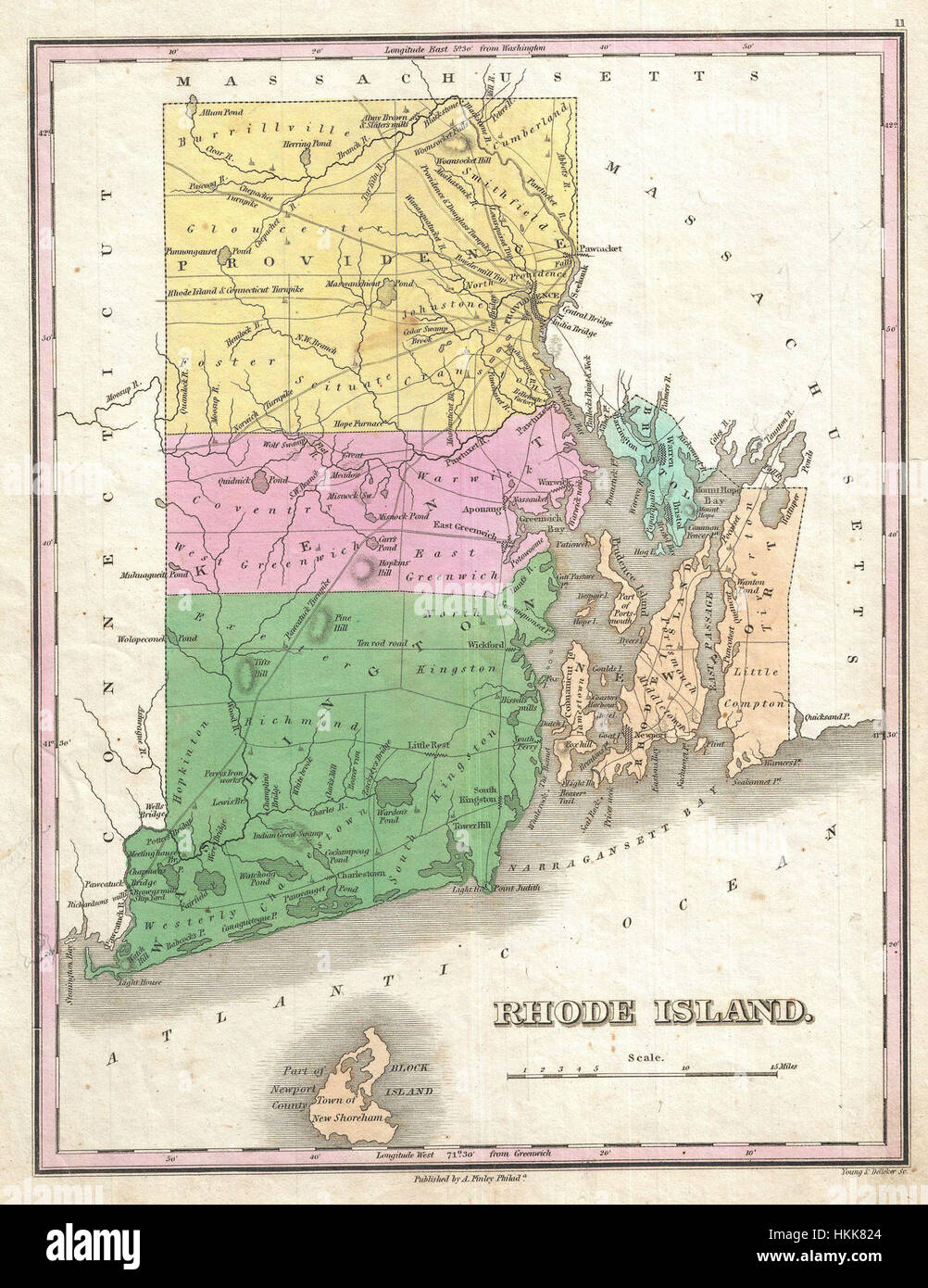 This 1827 map by Finley offers a detailed view of Rhode Island ...