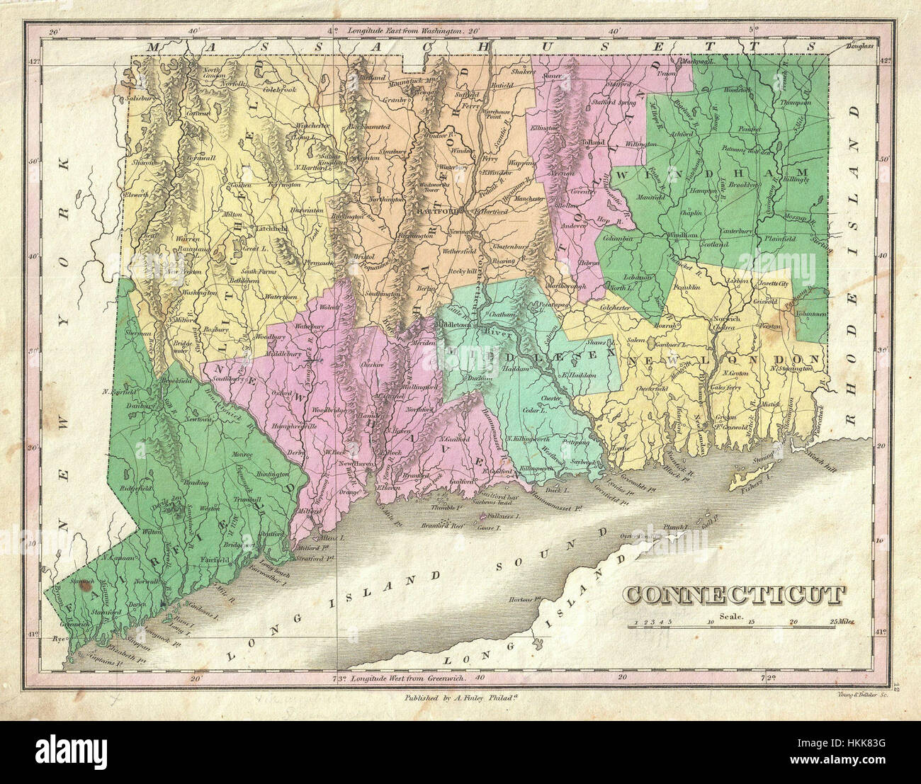 The 1827 Finley map of Connecticut provides a detailed geographical ...