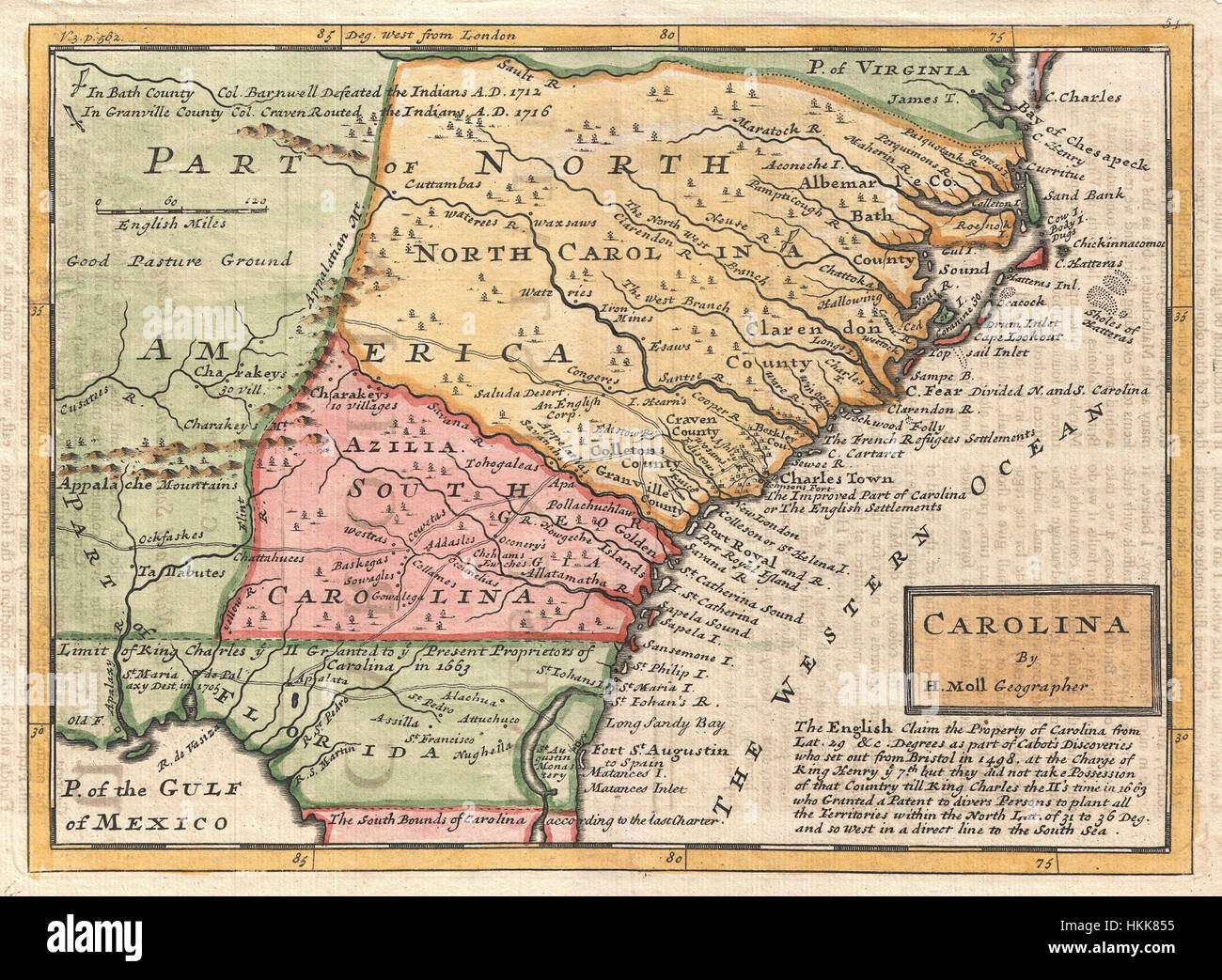 The 1746 map of Carolina by Herman Moll presents a detailed ...