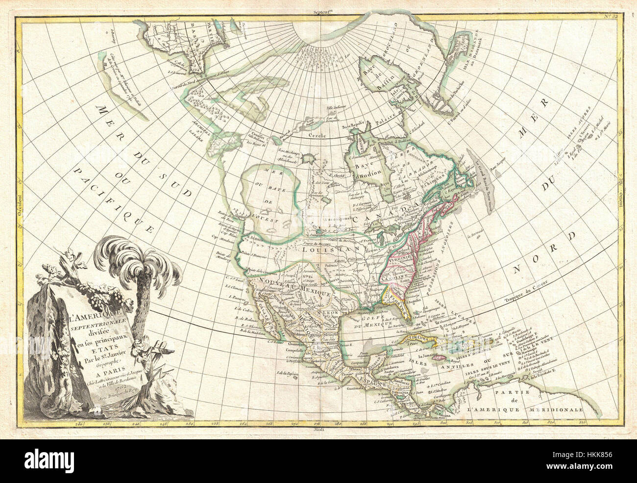 A 1762 map by Janvier detailing North America, particularly focusing on ...