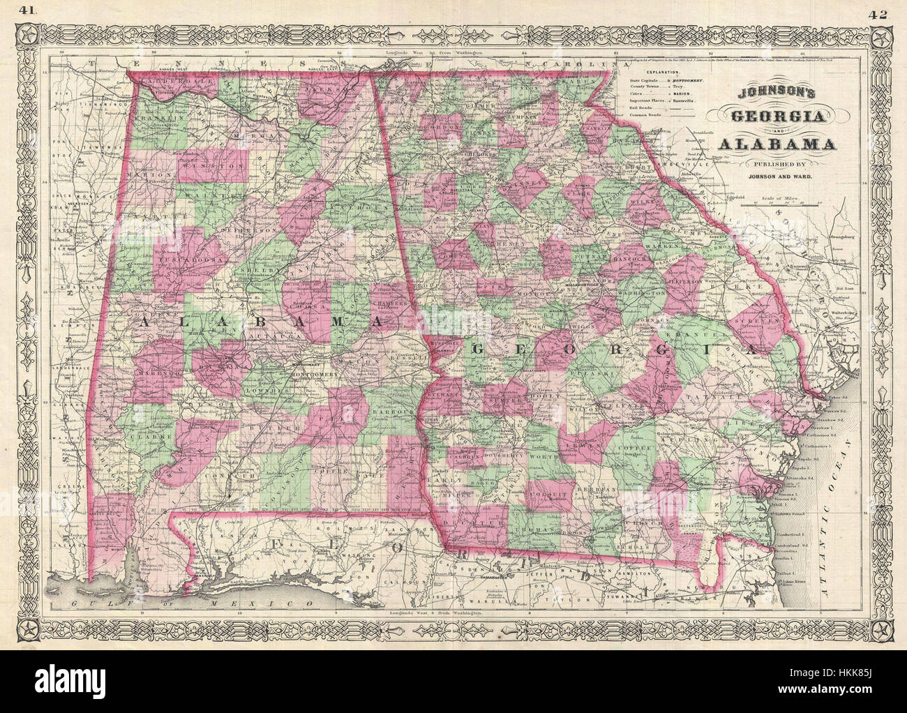 This 1865 map, created by Johnson, showcases the geography of Georgia ...