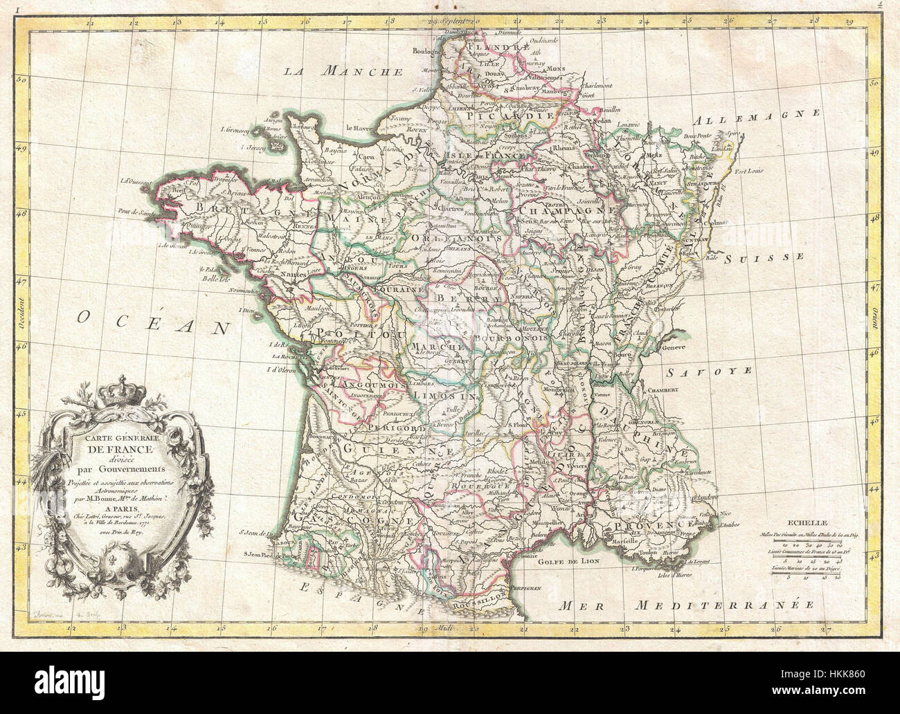 The 1771 Bonne map of France is a historical geographic map, showcasing ...