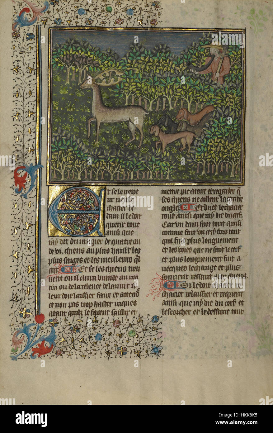 A painting depicting a hunter and his dogs in pursuit of a fallow deer ...