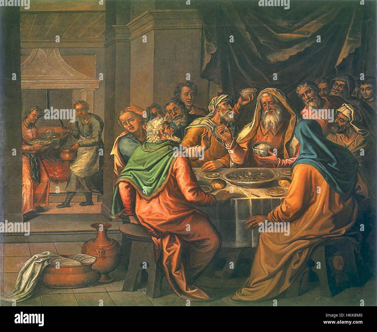 A biblical painting depicting Abraham at the feast, based on a scene ...