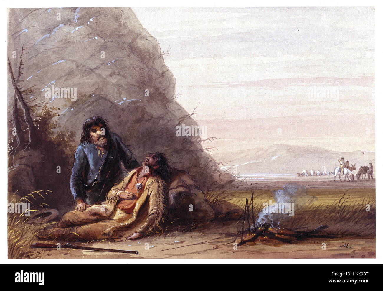 Alfred Jacob Miller’s 'Free Trappers in Trouble' depicts a scene of ...