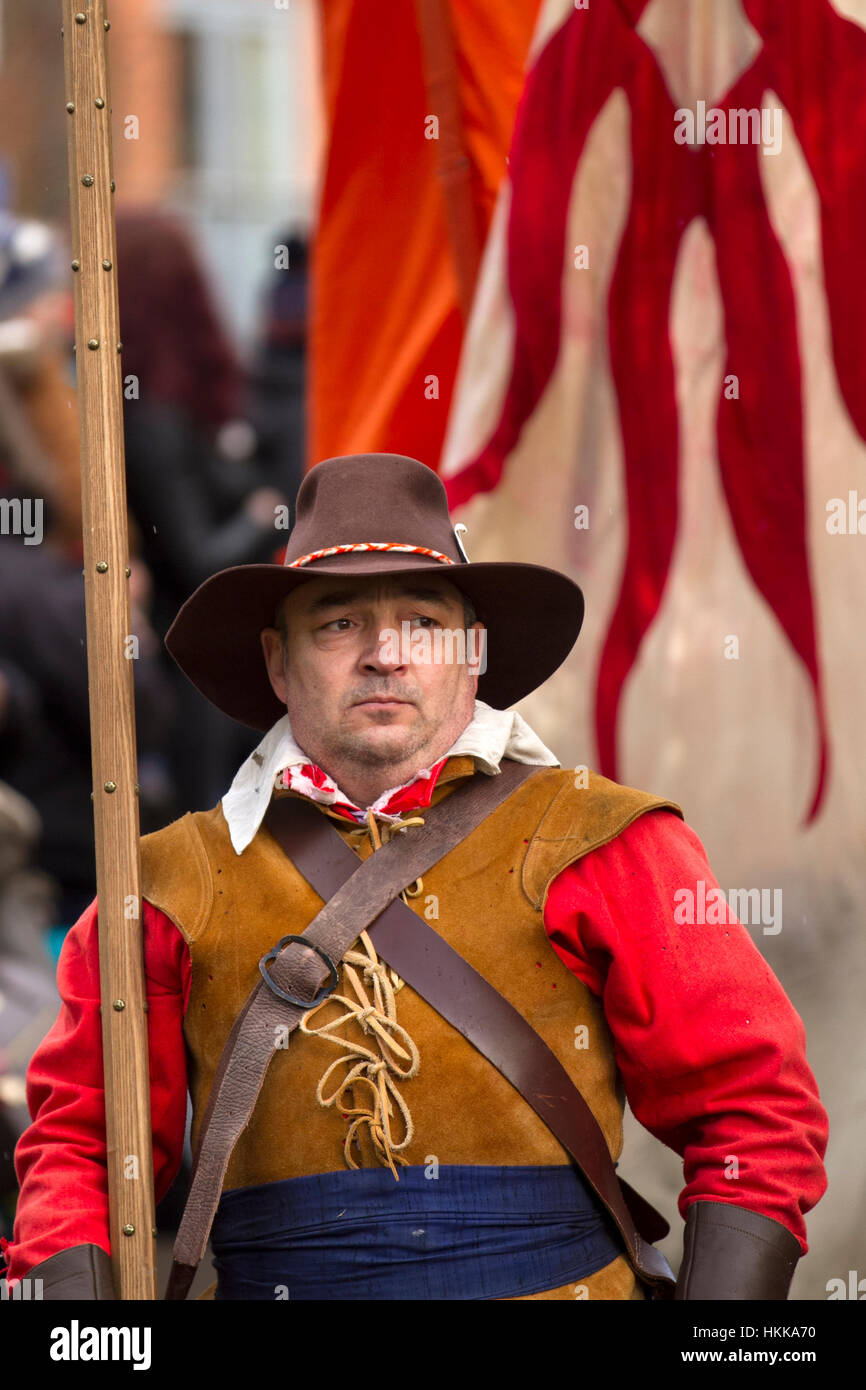 English Civil War Pikeman Cheshire, UK. 28th Jan, 2017. Battle Flags ...