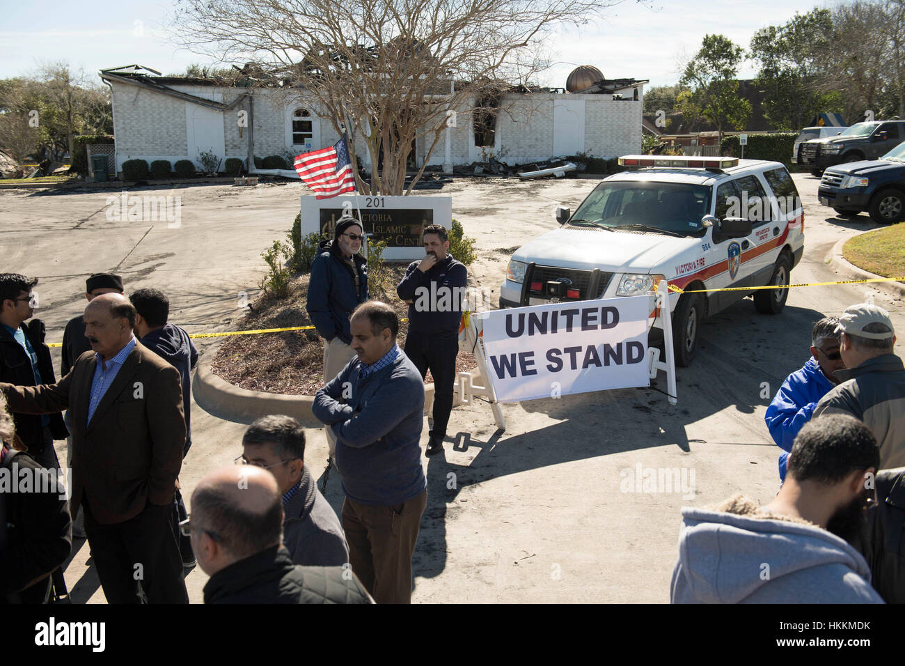 People gather in Victoria, Texas, in front of an Islamic Center mosque ...