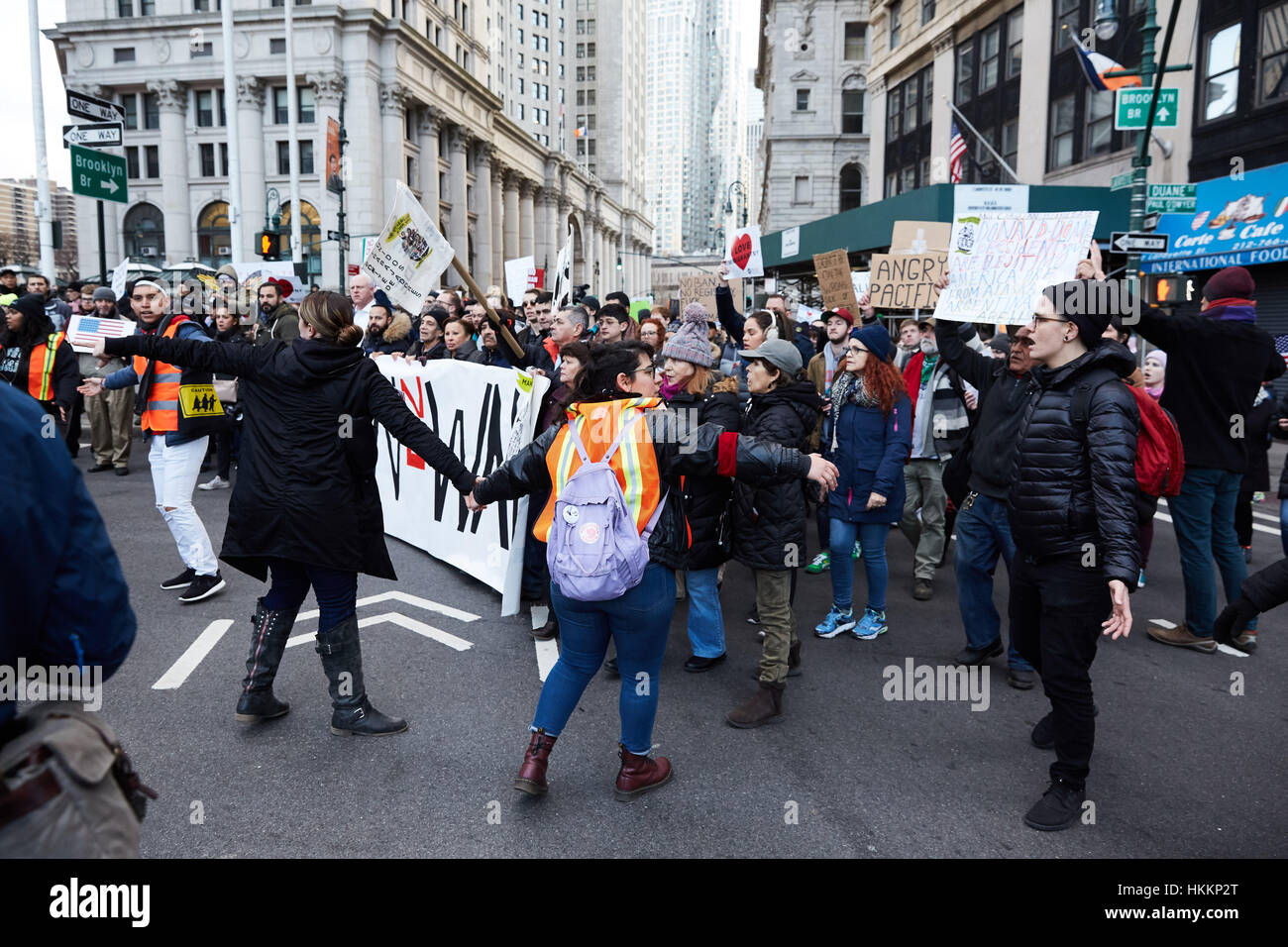 New York City, USA. 29th Jan, 2017. Protesters assemble at Battery Park ...