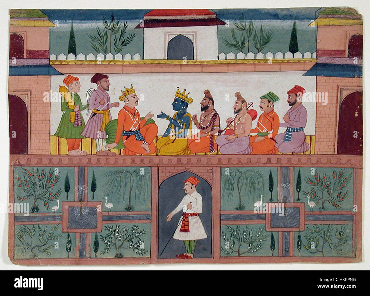 This artwork depicts a king receiving Lord Krishna in his palace ...