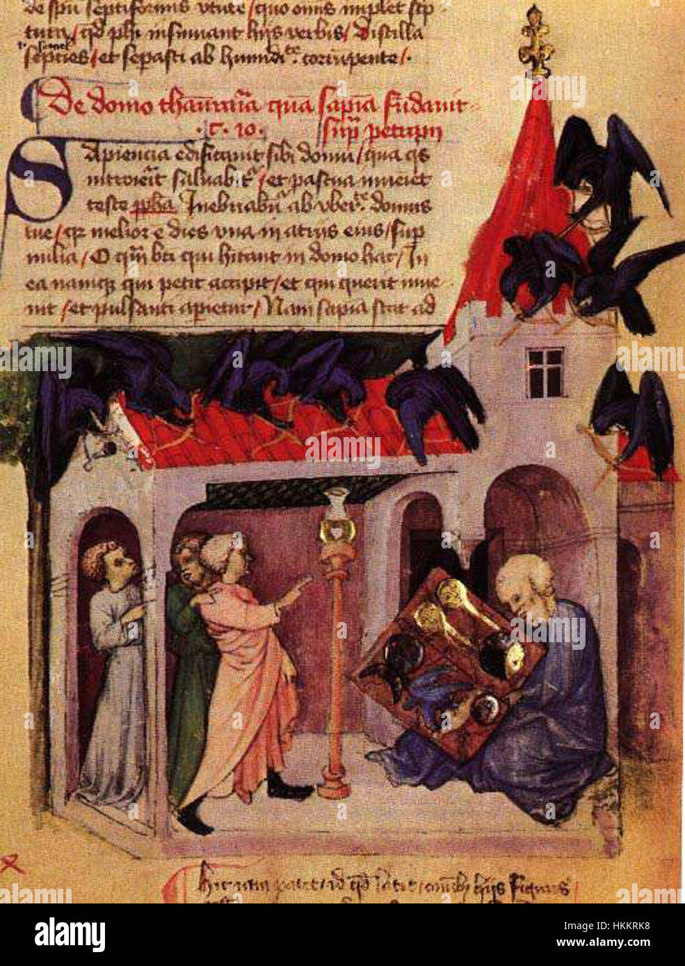 'Aurora-birdsonthechurch' is a painting depicting a serene scene where ...