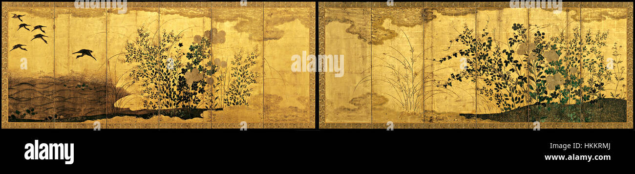 A painting depicting an autumn landscape with wild geese. The scene ...