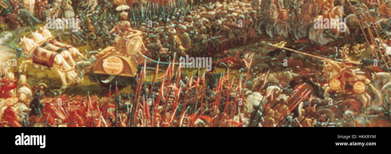 This artwork is a detailed scene from the Battle of Issus, one of the ...