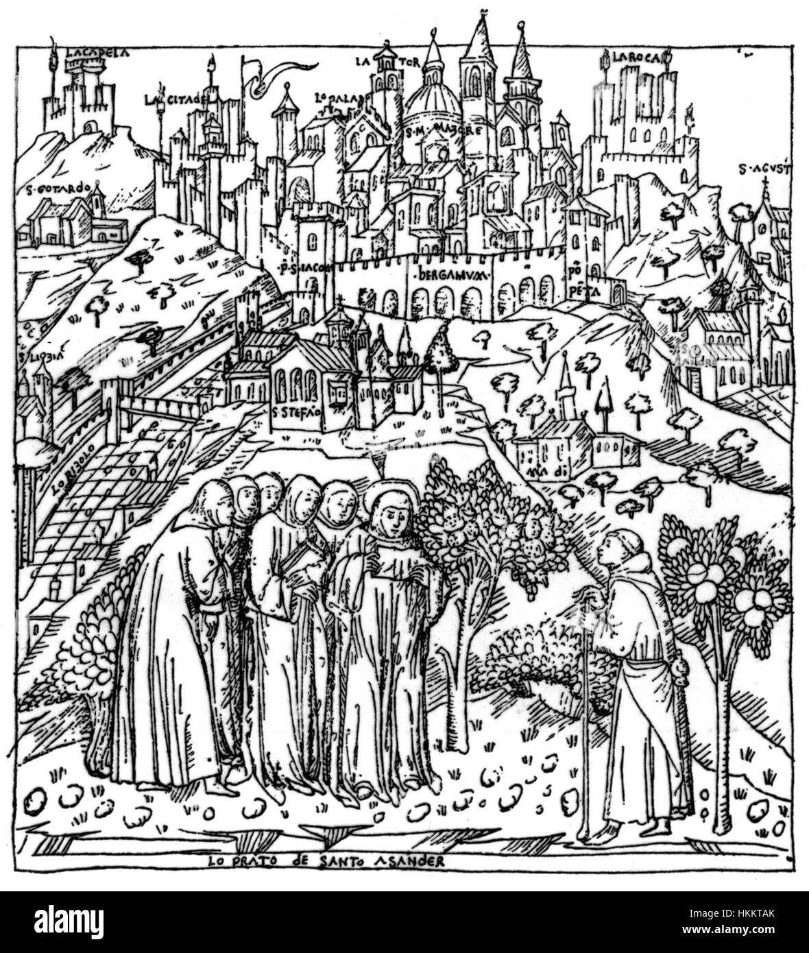 This historical artwork depicts the city of Bergamo in 1450, showcasing ...