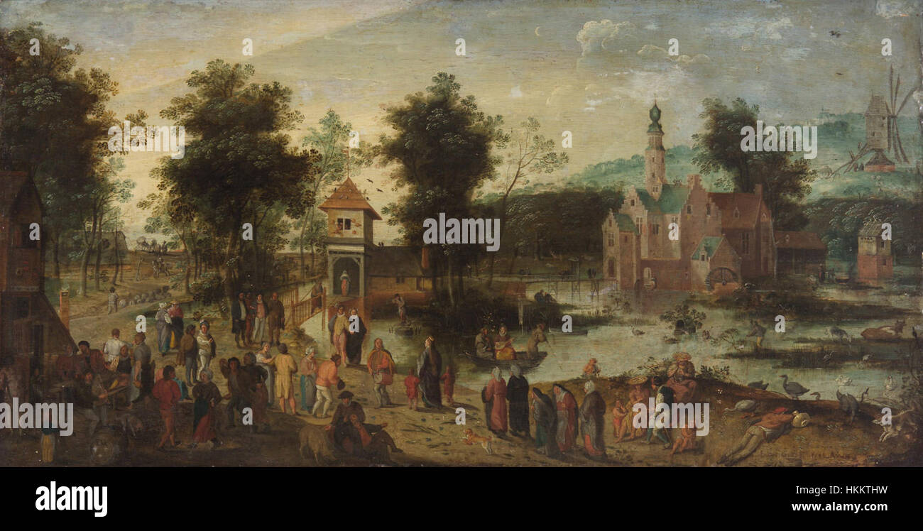 A landscape painting by Abel Grimmer and Gillis Mostaert, depicting a castle and tavern in a ...