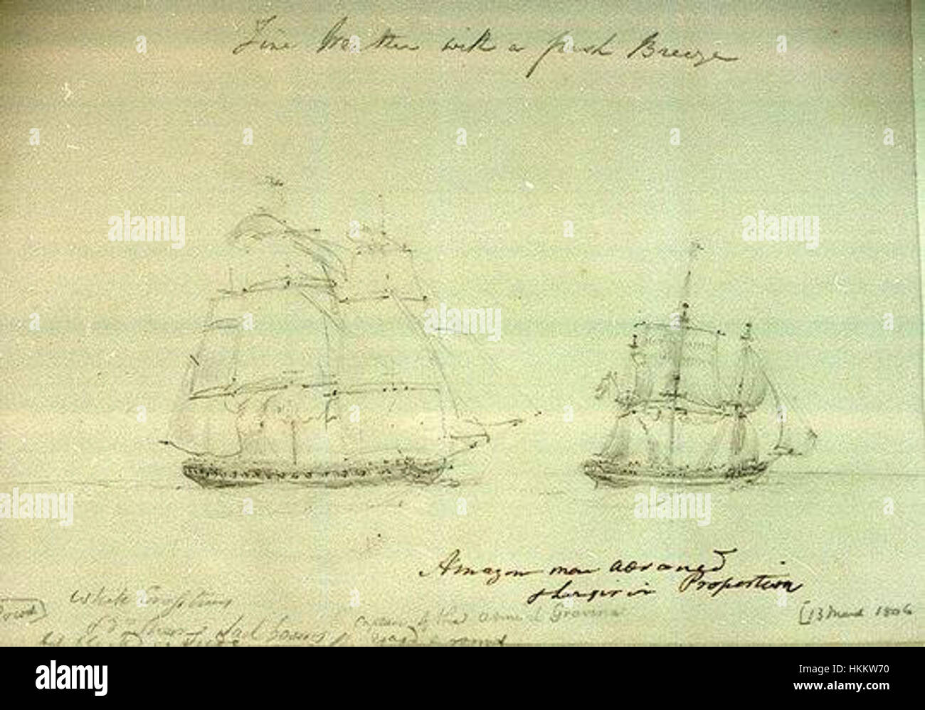 This historical painting depicts the HMS Amazon (1799) in pursuit of ...