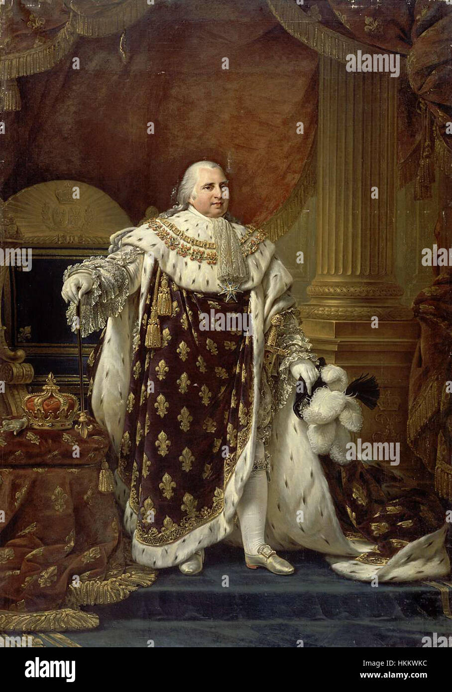 This artwork showcases King Louis XVIII dressed in royal robes ...