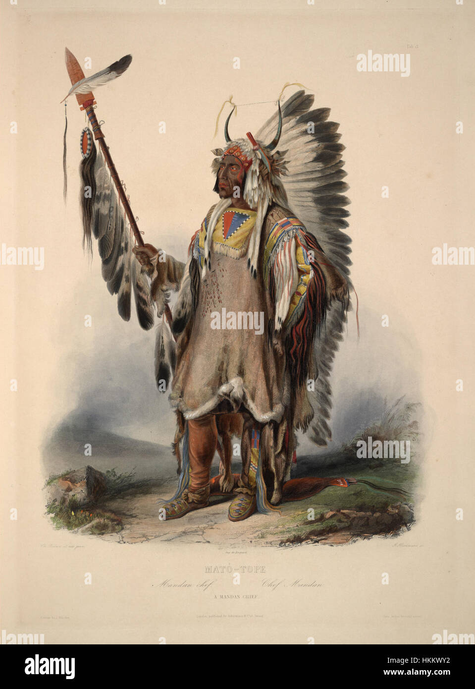 A 19th-century oil painting depicting a Mandan chief. The artwork ...