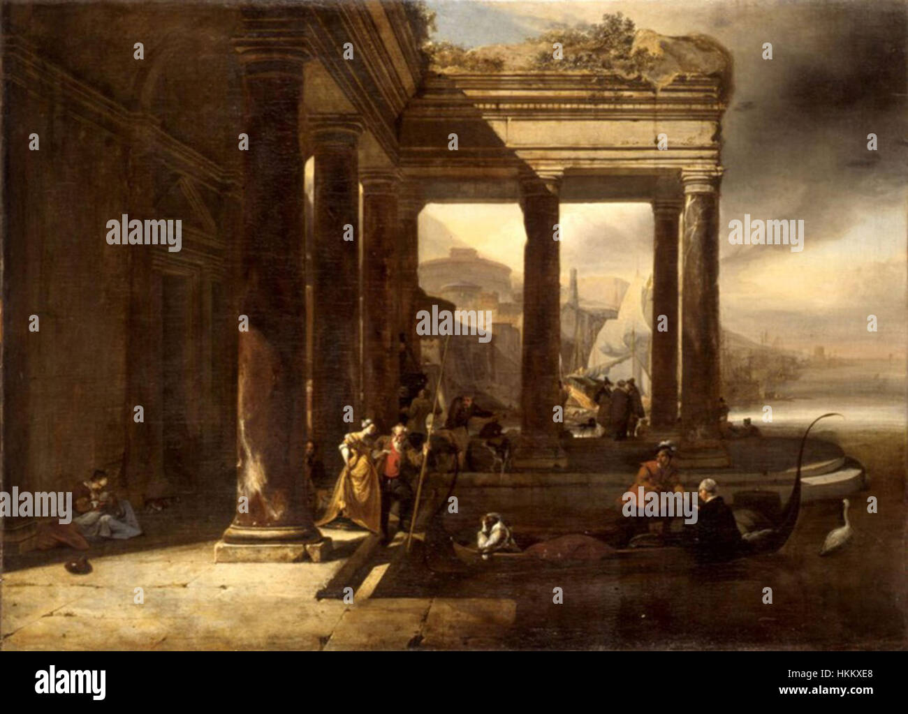 This painting by Weenix captures a bustling port scene, showcasing ...