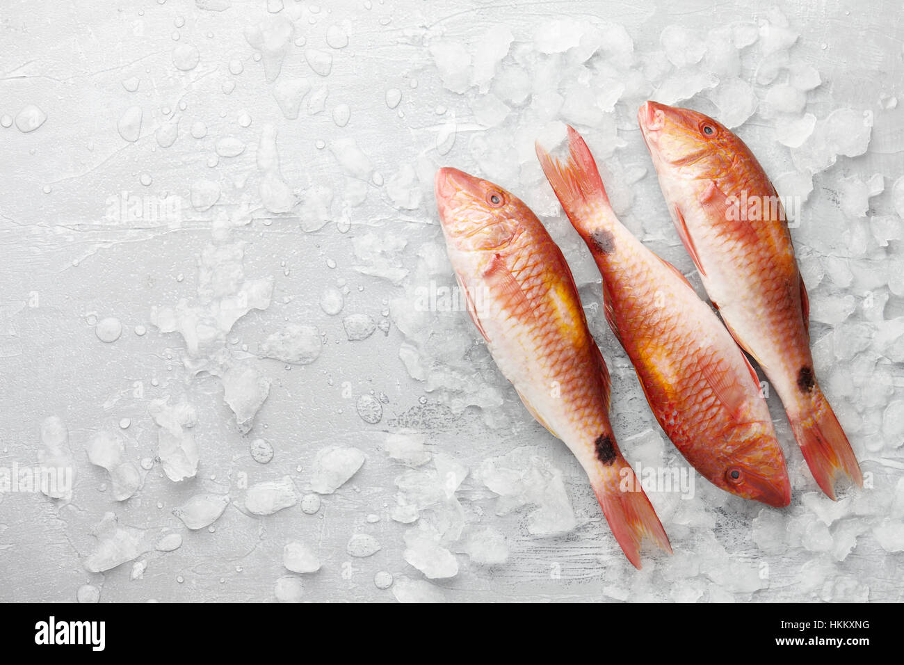 Fresh red mullet fish on icy stone background, top view Stock Photo - Alamy