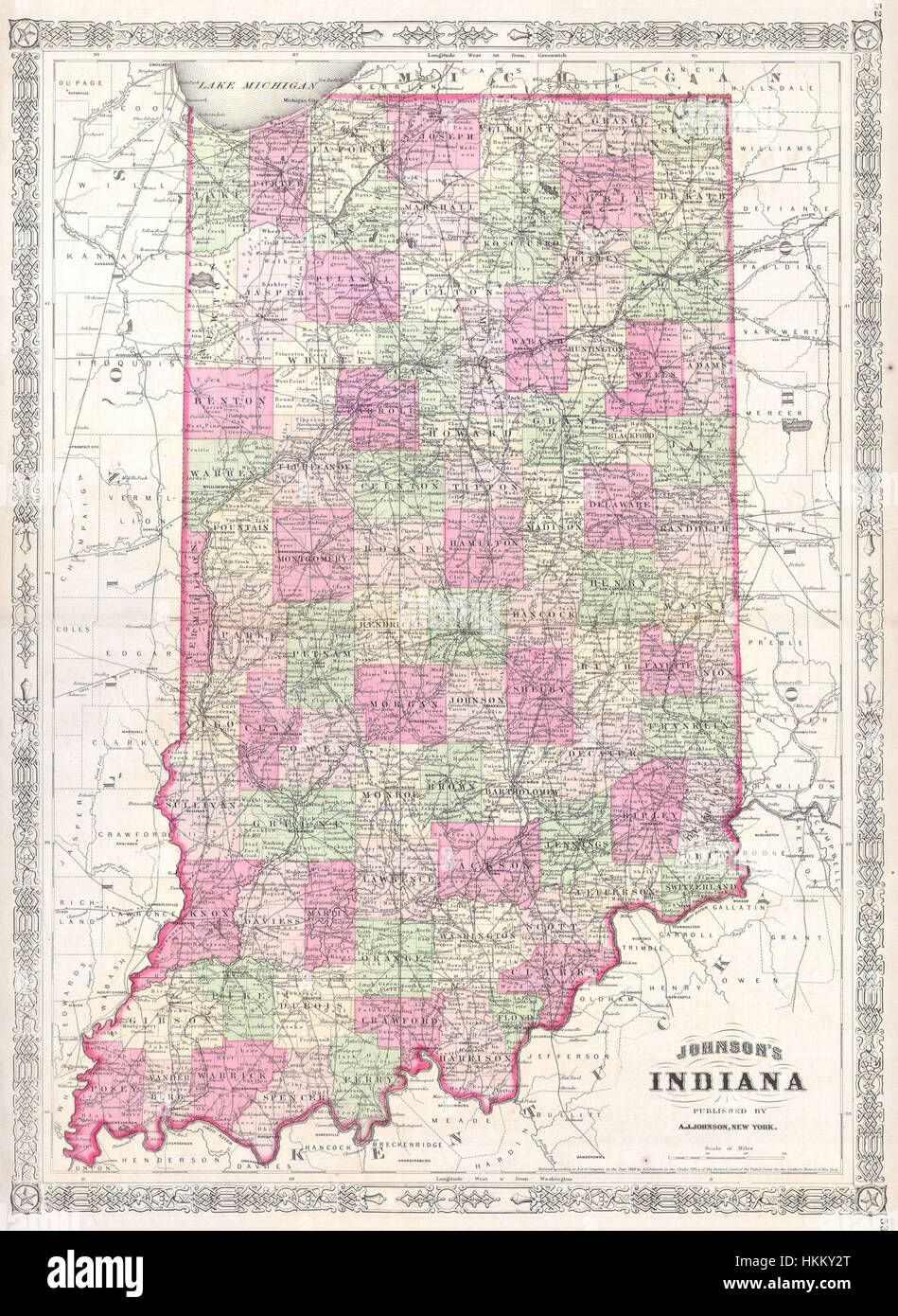 The 1864 Johnson Map of Indiana provides a detailed historical view of ...