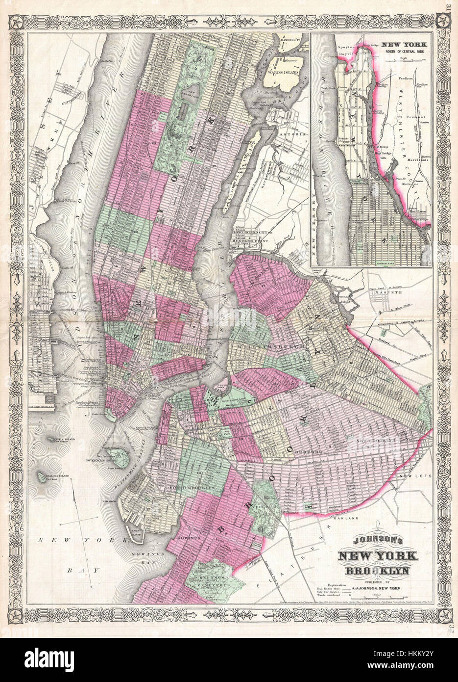 This 1866 map by Johnson depicts New York City and Brooklyn with ...