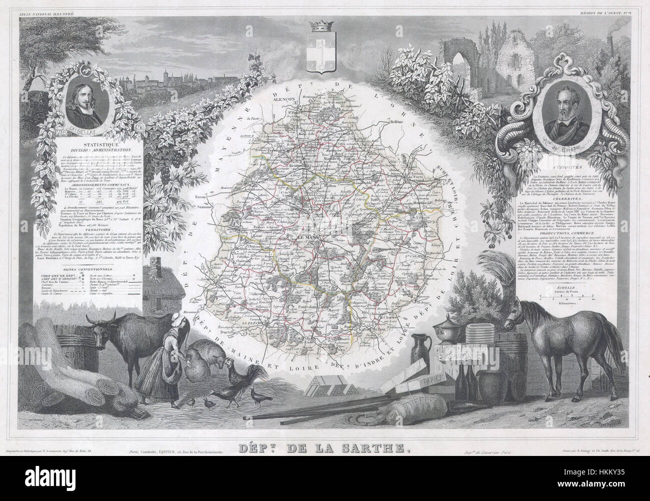 This 1847 map by Levasseur shows the region of Sarthe in France ...