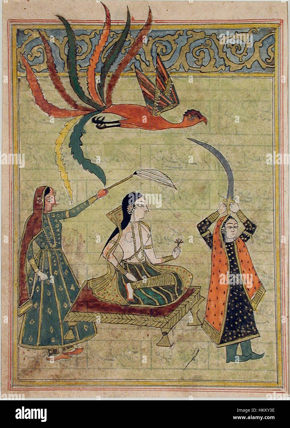 This artwork depicts the mythical simurgh bird soaring above a princess ...