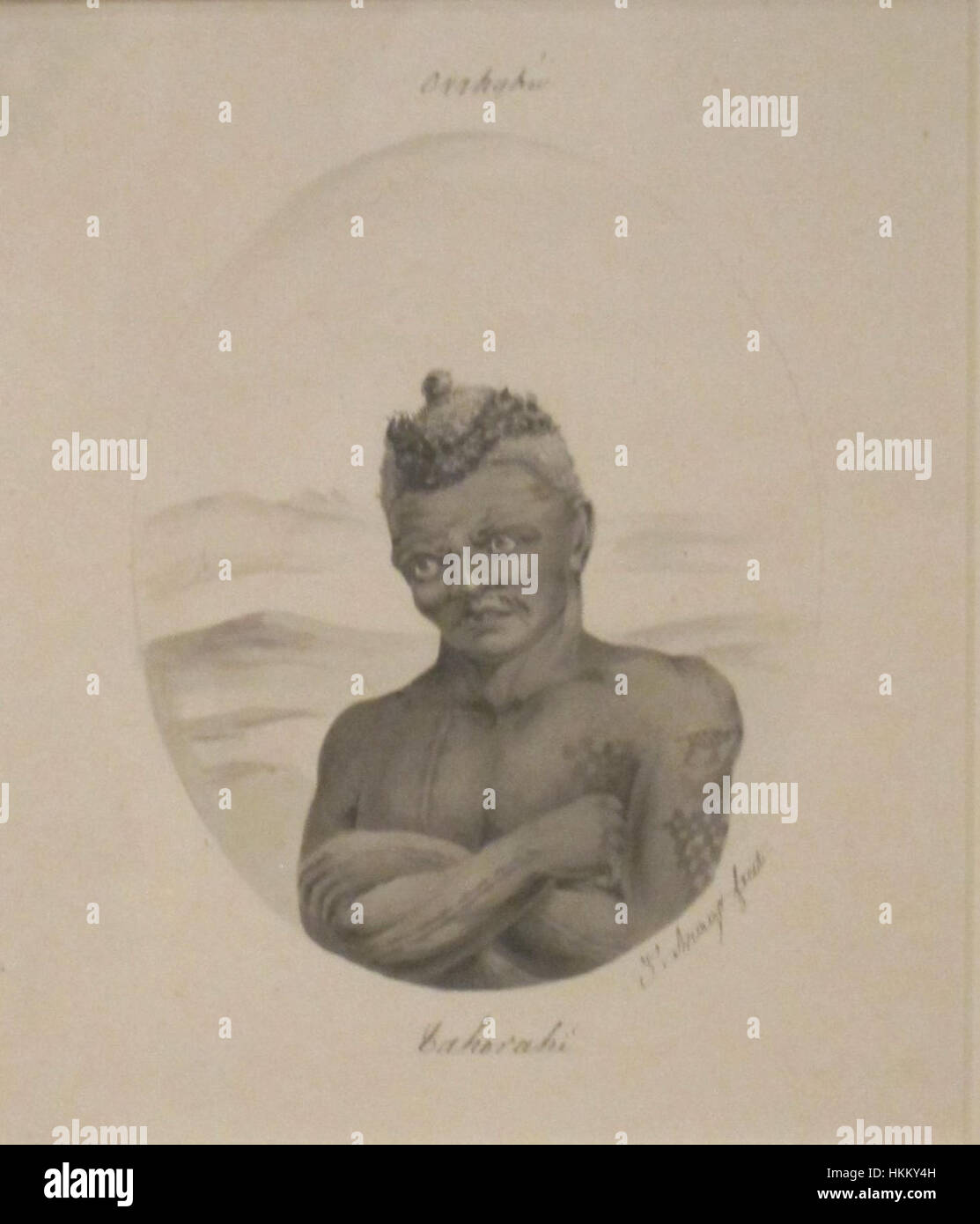 A painting titled 'Tahorahi, Hawaii' by Jacques Arago, depicting the ...
