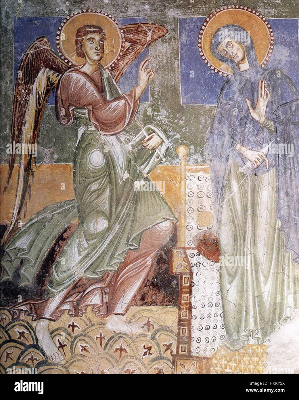 This 12th-century painting, attributed to unknown artists, portrays the Annunciation, a pivotal ...
