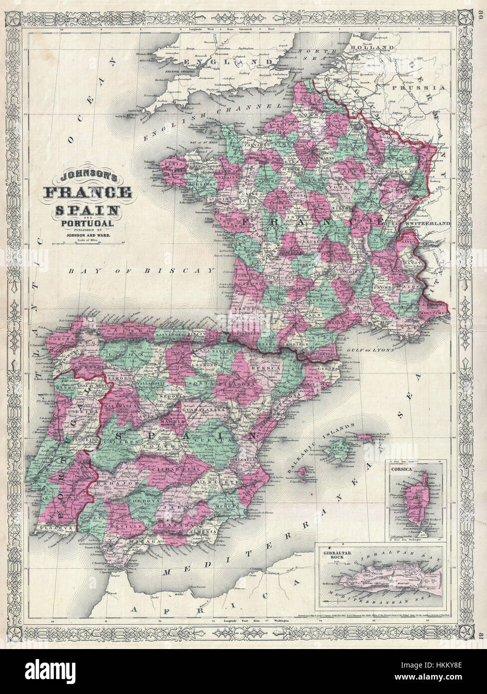 This 1865 map by Johnson shows the geographic layout of France, Spain ...