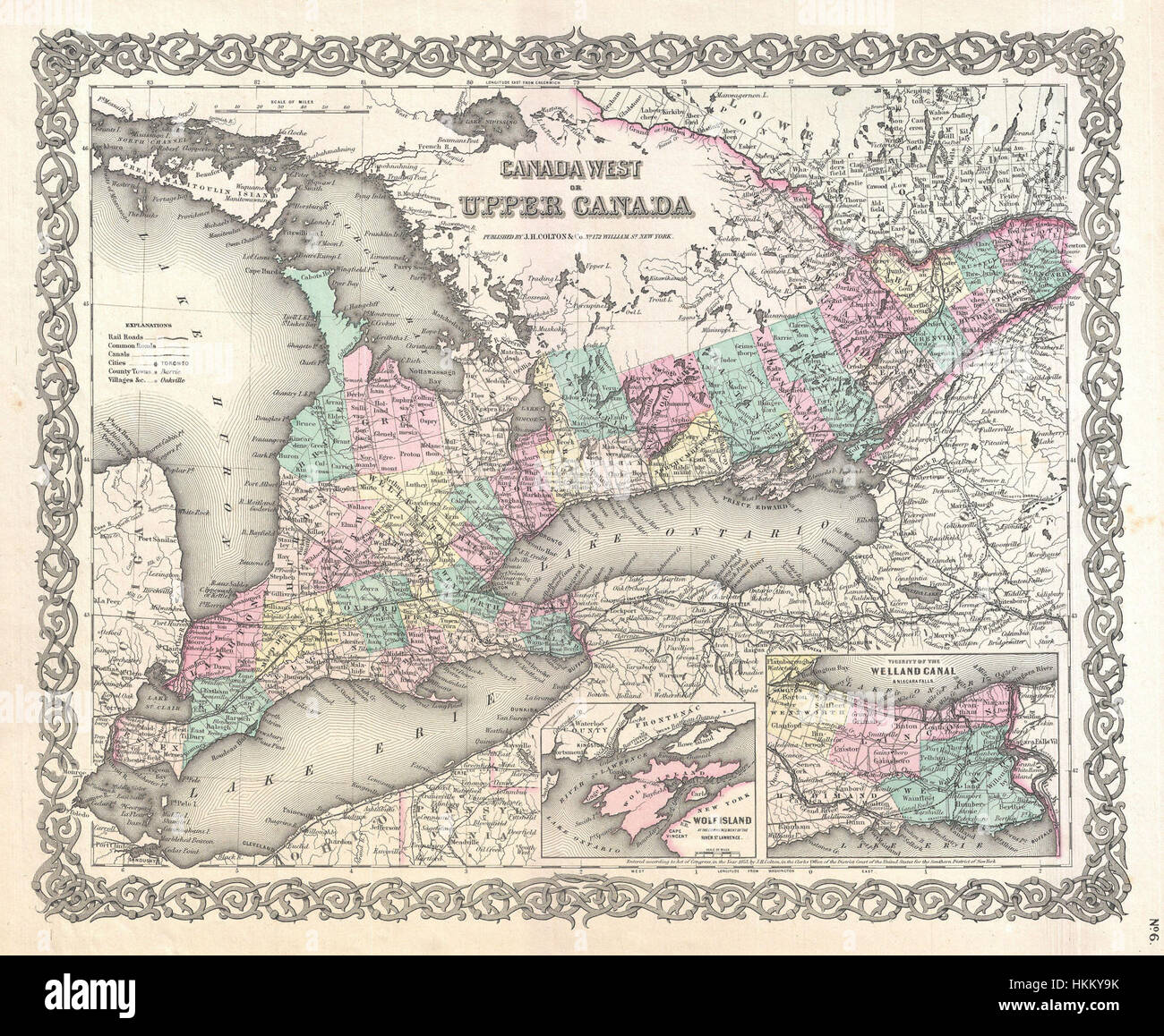 This 1855 Colton map of Upper Canada (now Ontario) shows the region's ...