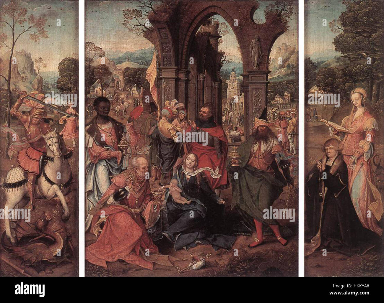 This 16th-century painting, attributed to an unknown artist, depicts the Adoration of the Magi ...