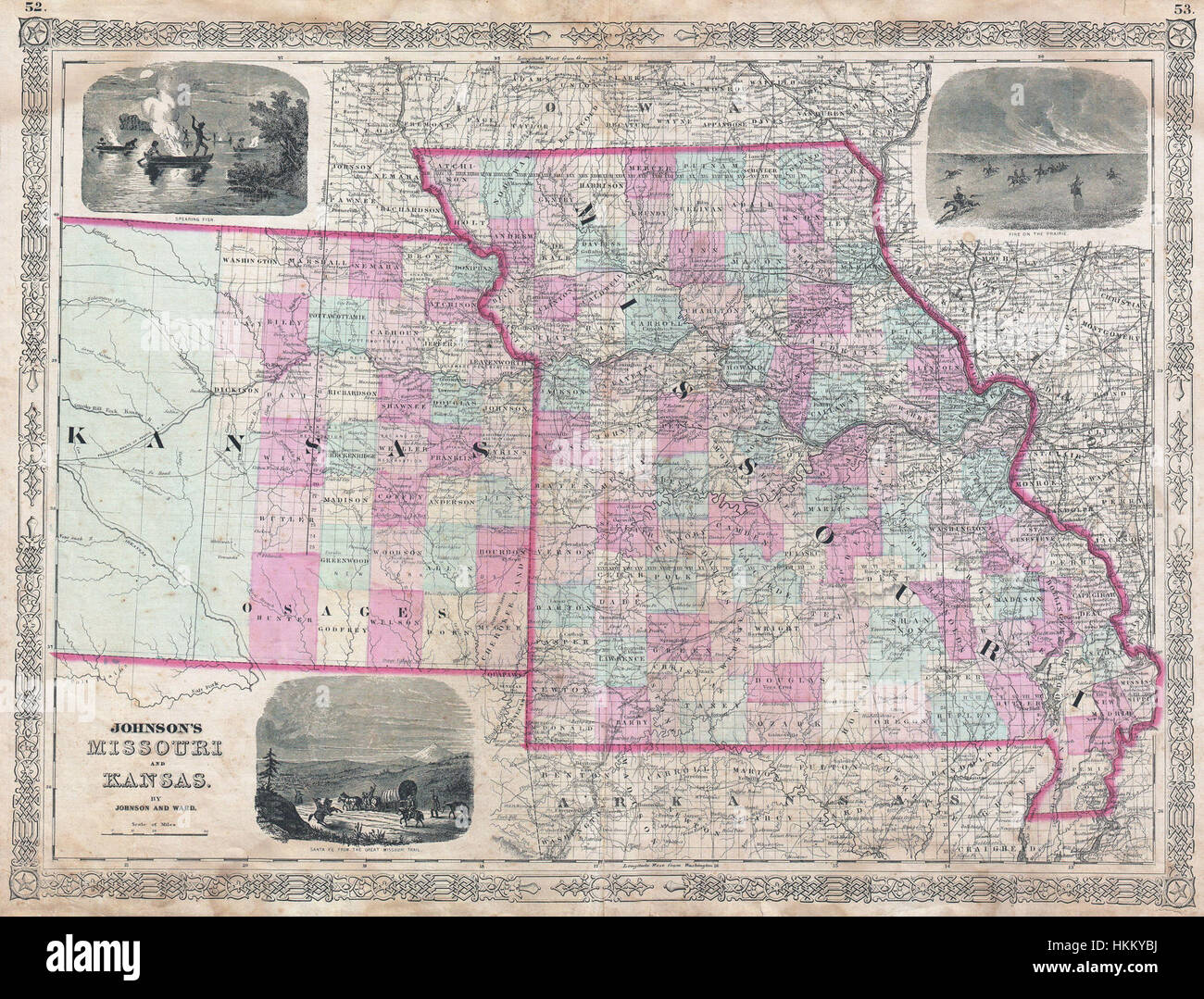 This 1874 map by Johnson depicts the state boundaries of Missouri and ...