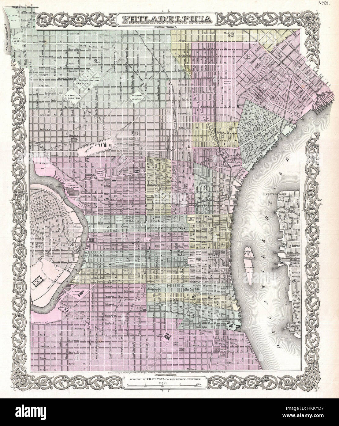 The 1855 Colton Plan of Philadelphia is a historic map detailing the ...