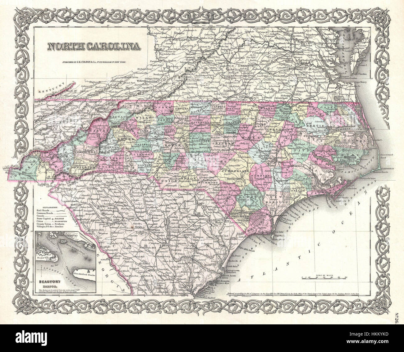 This 1855 Colton map of North Carolina offers a detailed geographical ...