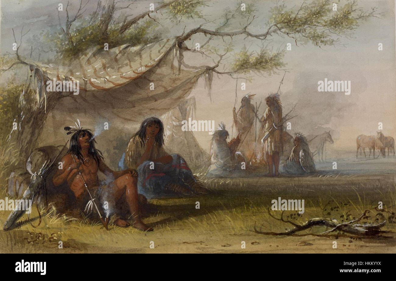 This painting by Alfred Jacob Miller depicts an Indian encampment ...
