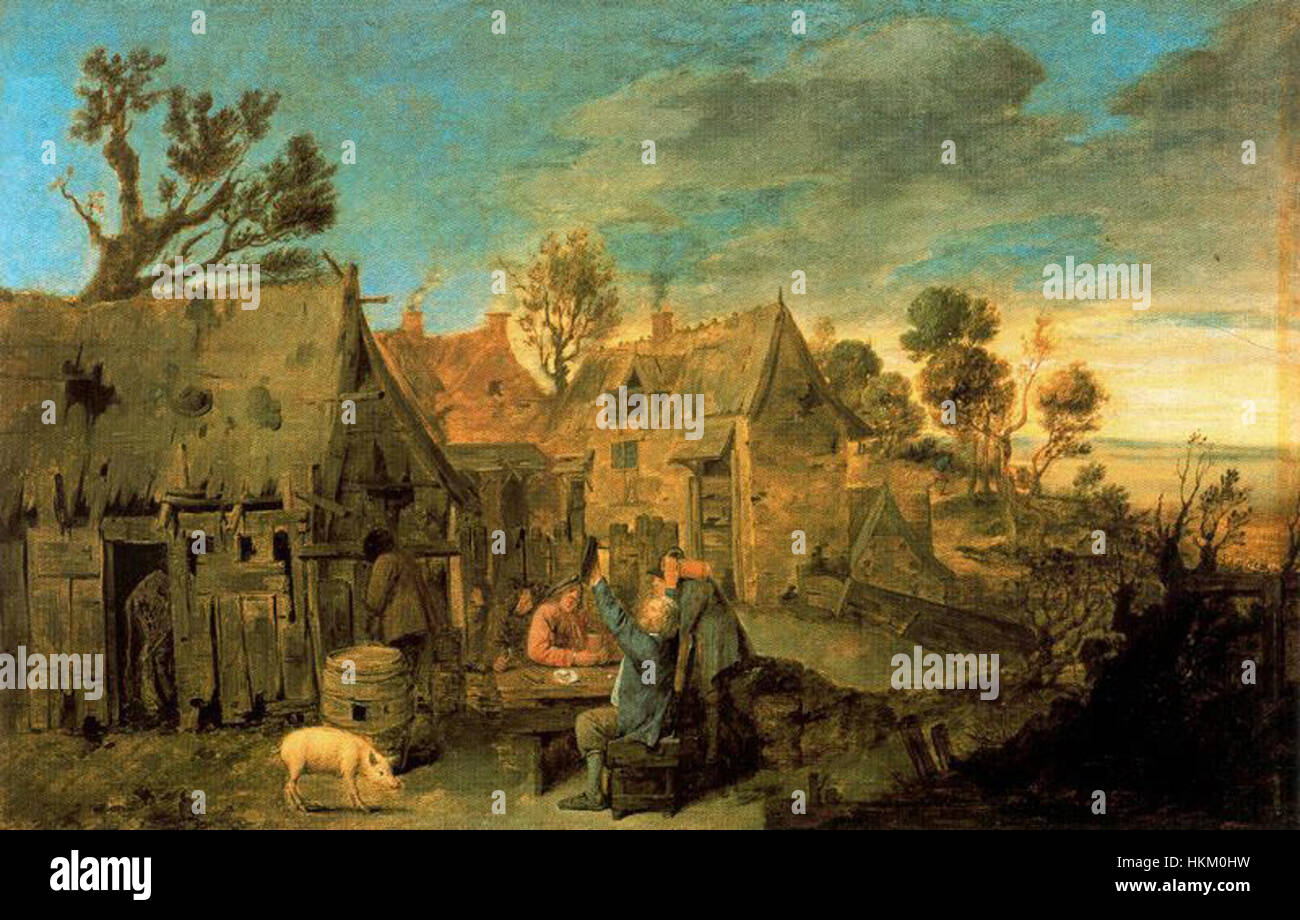 Adriaen Brouwer's painting depicts a rustic village scene where men are ...