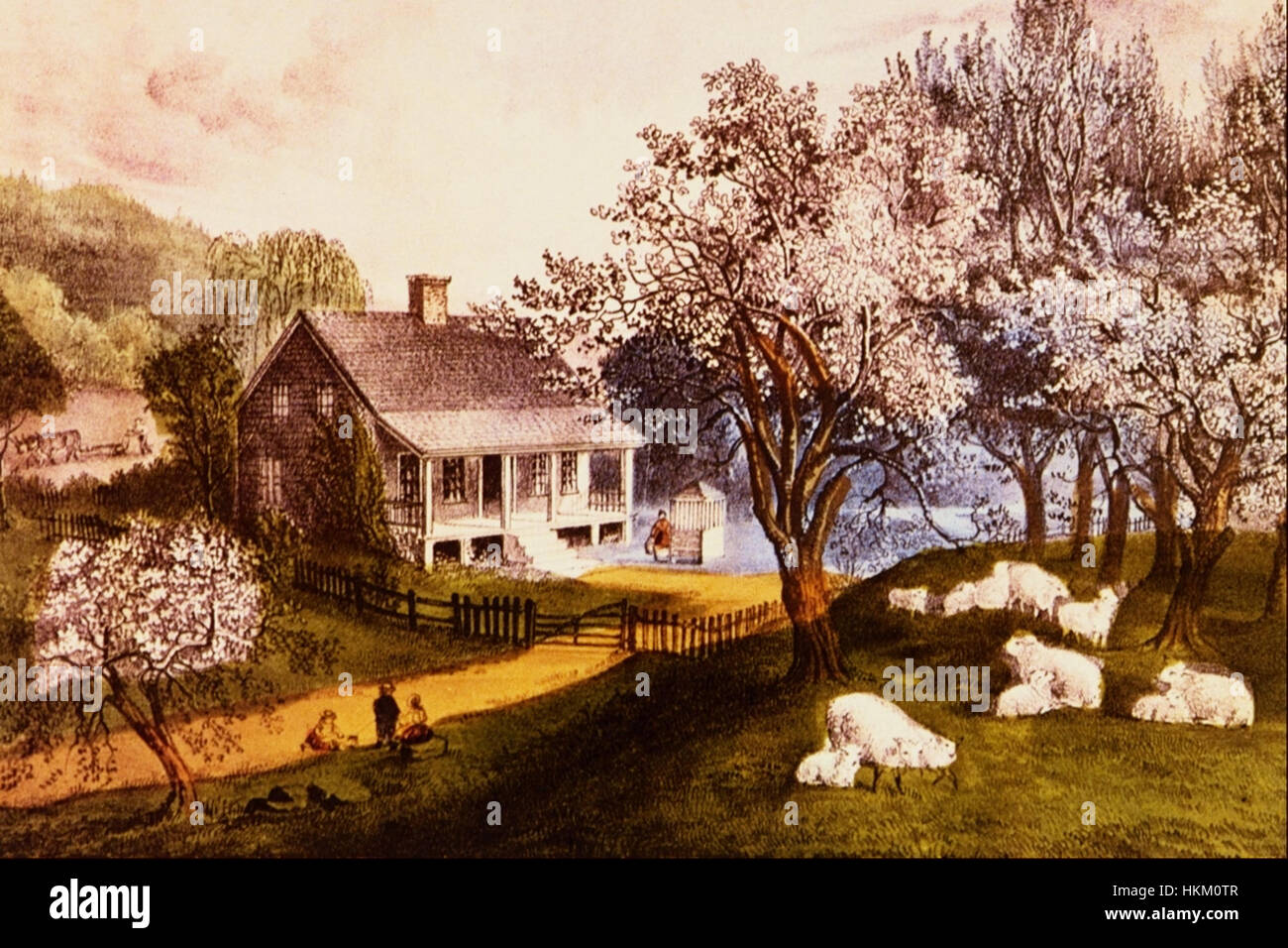 Currier and Ives' lithograph American Homestead Spring depicts an ...