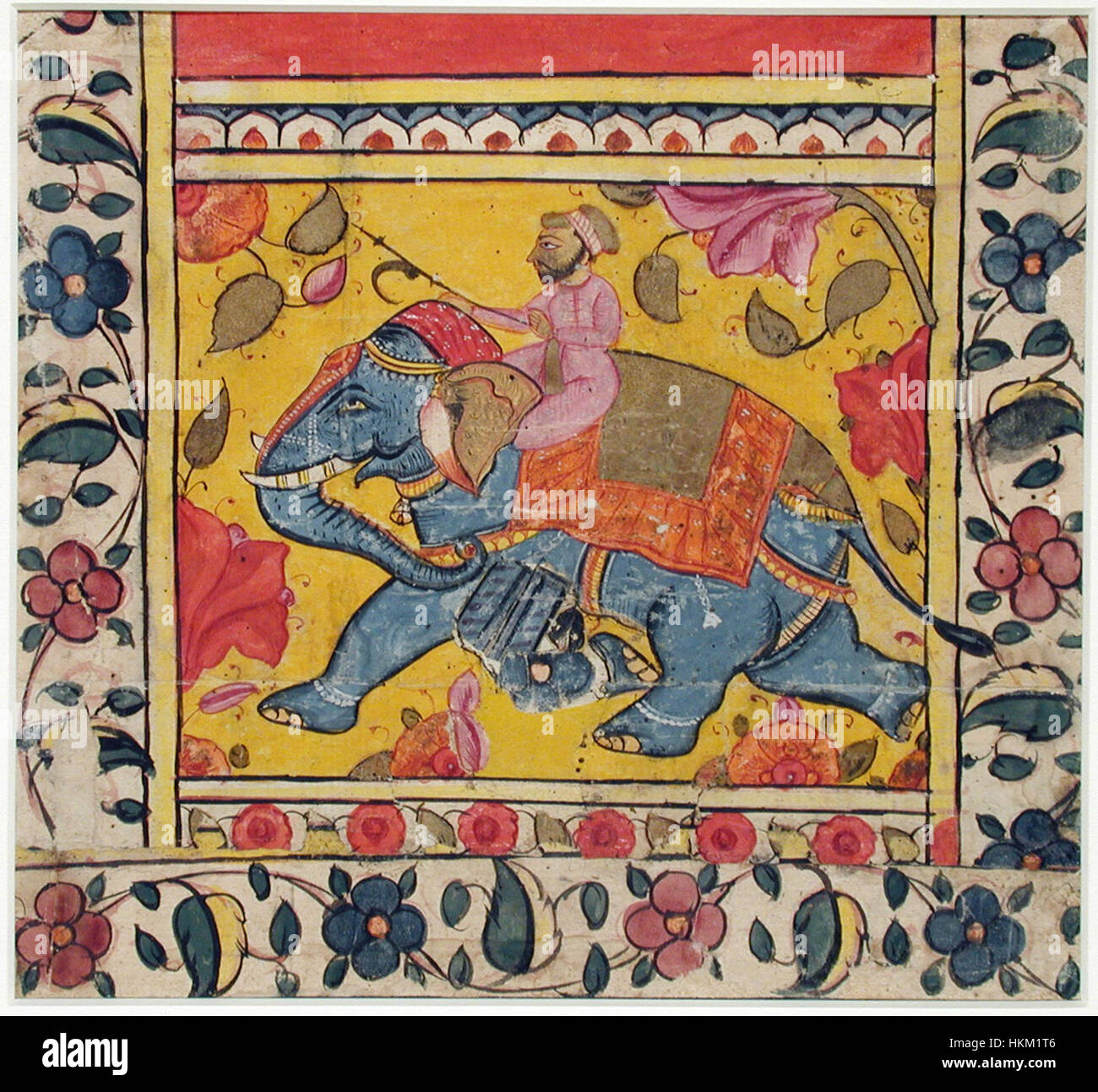 This artwork portrays a mahout guiding an elephant through a vibrant ...