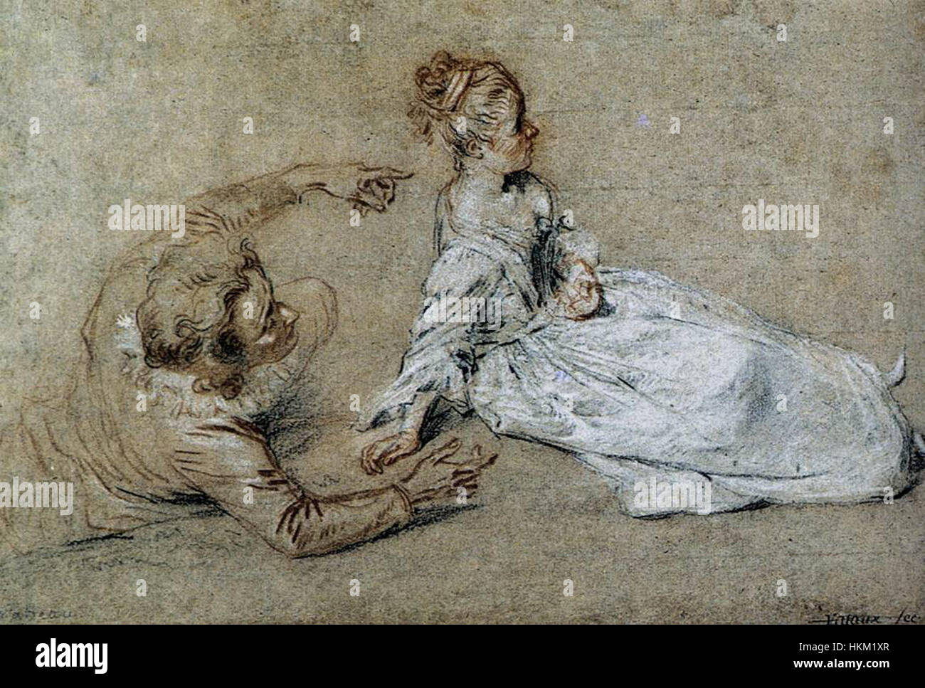 Antoine Watteau's *Sitting Couple* portrays an intimate scene of two ...