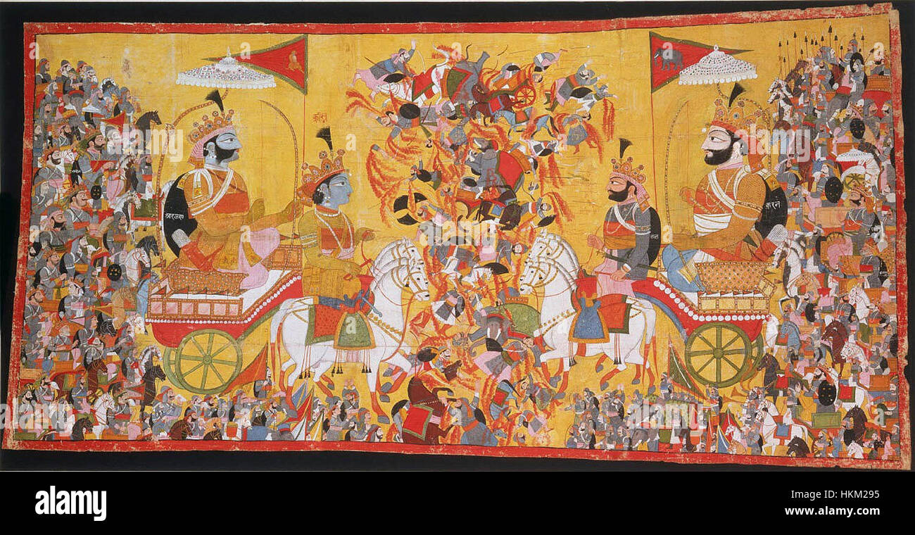 This artwork depicts a scene from the Indian epic Mahabharata, where ...