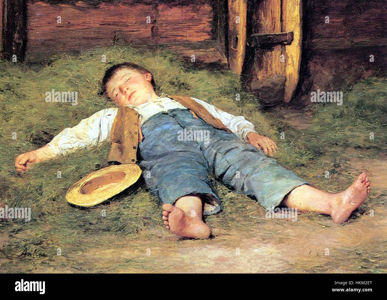 This 1897 painting, 'Schlafender Knabe im Heu,' features a peaceful ...